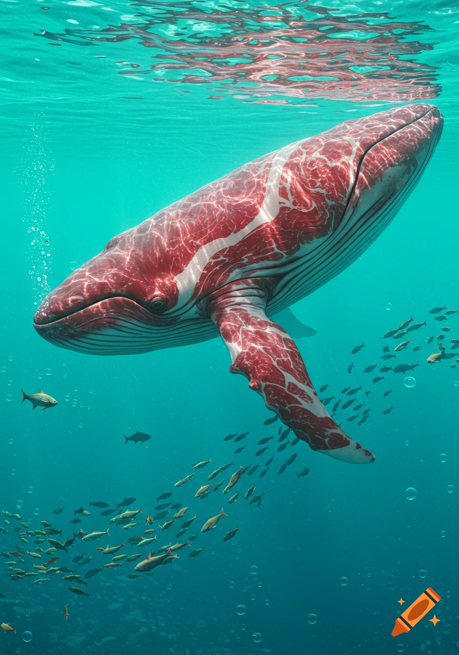 A surreal illustration of a whale with skin resembling red marbled meat ...