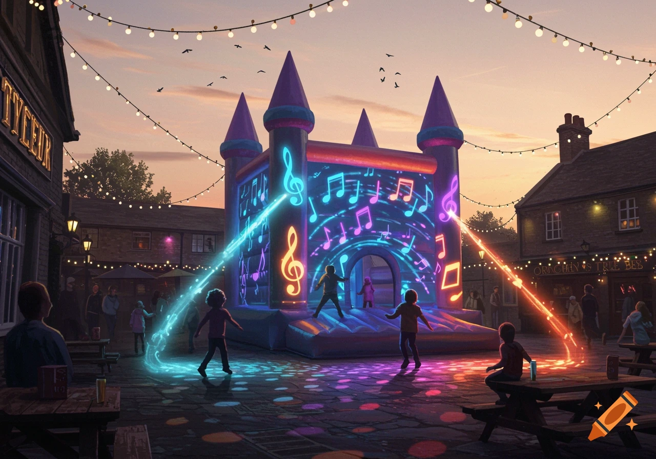 Children play around a vibrant, light-up bouncy castle with musical ...