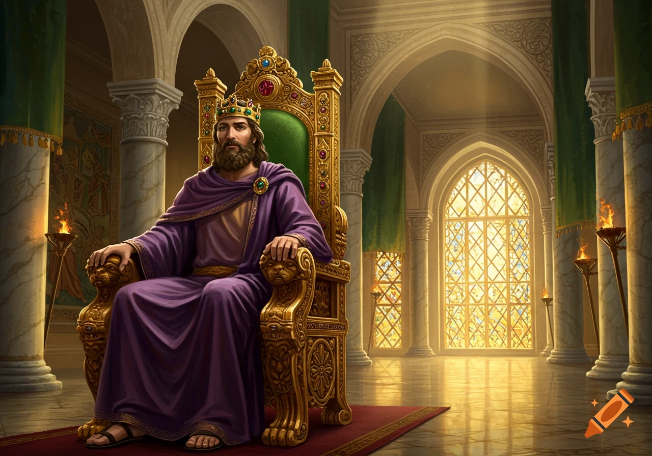 Photorealistic image of a king in a blue robe, crown, holding money ...