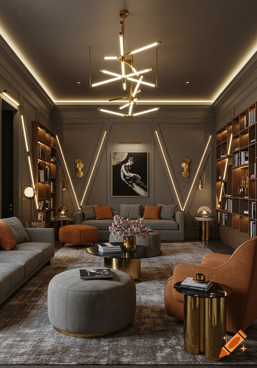 A luxurious, modern library media room with rich gray walls, orange ...