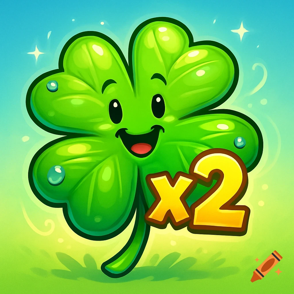 A vibrant green cartoon four-leaf clover with a happy face, sparkling ...