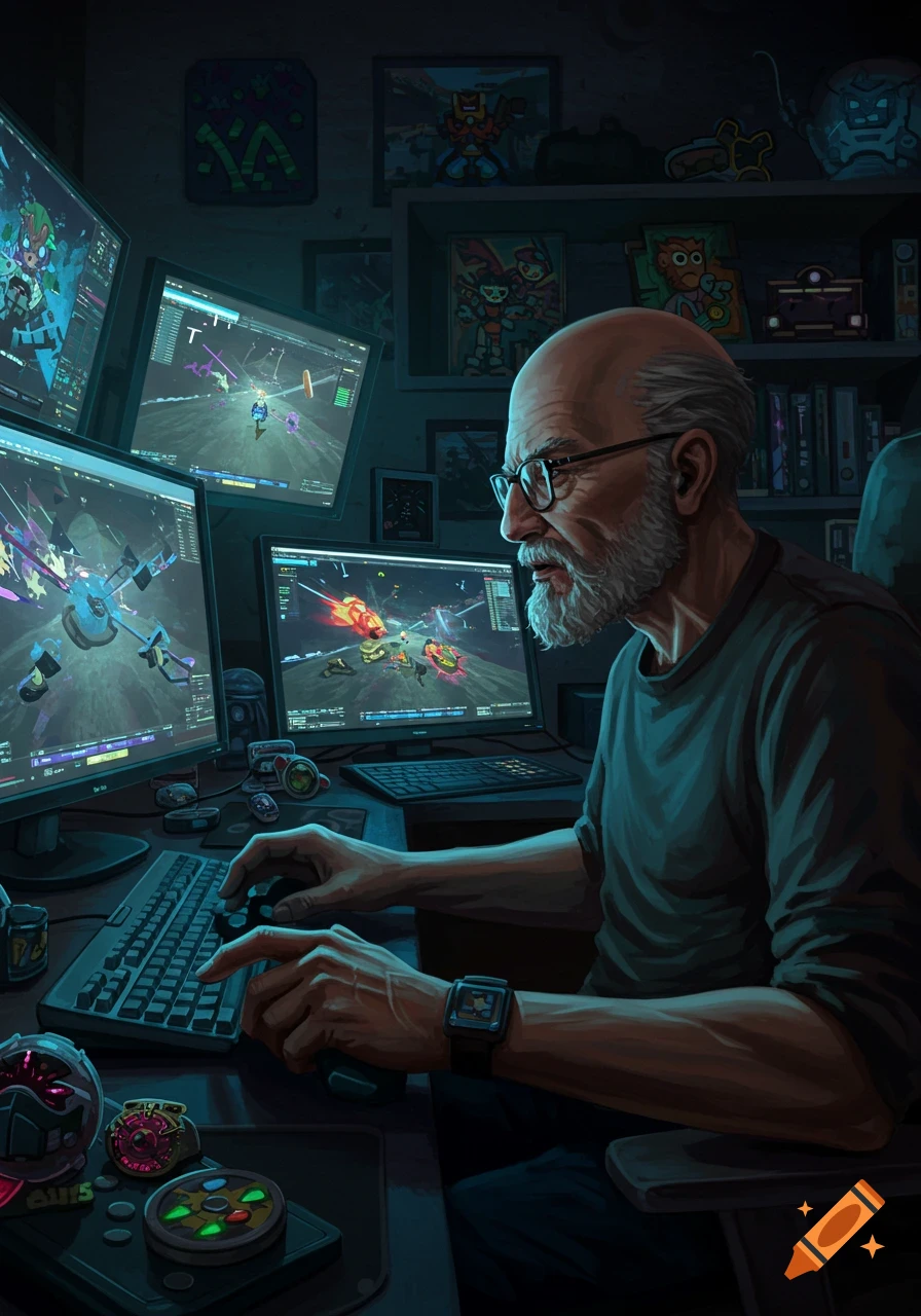 A grotesque, cartoonish zombie with glowing eyes intently plays video ...