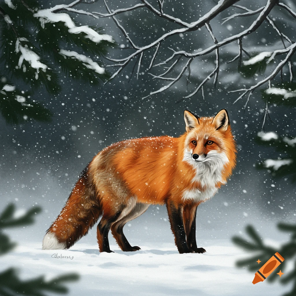 An illustrated orange and white fox wearing a red scarf stands upright ...