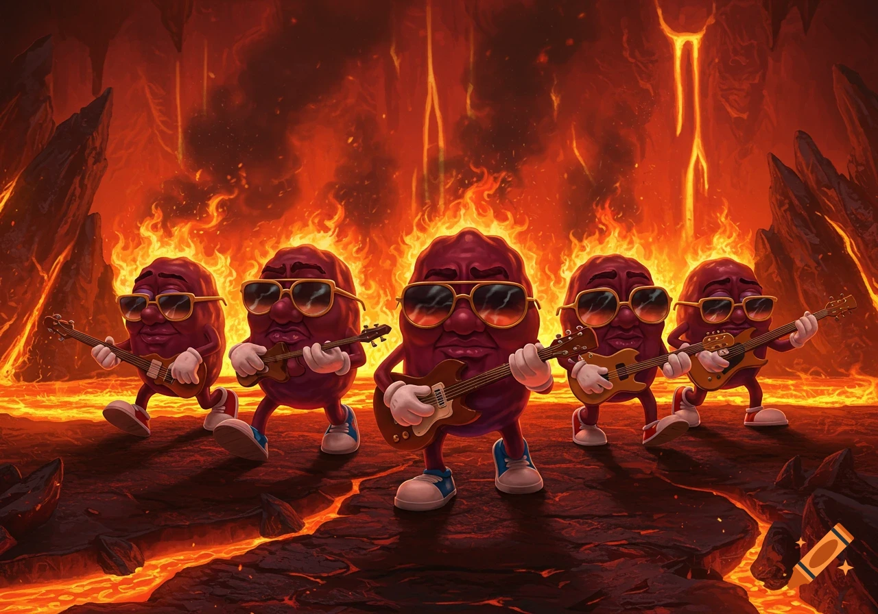 The California Raisins band performing in a fiery, hellish landscape ...