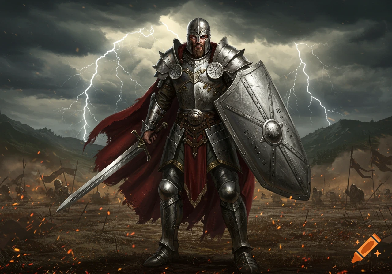 A stoic medieval warrior in detailed bronze armor and a red cape stands ...