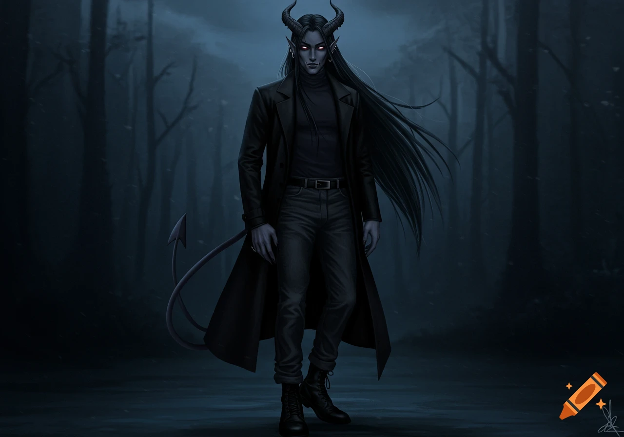 A tall, slender horned man with blond hair and elf ears, wearing a dark ...
