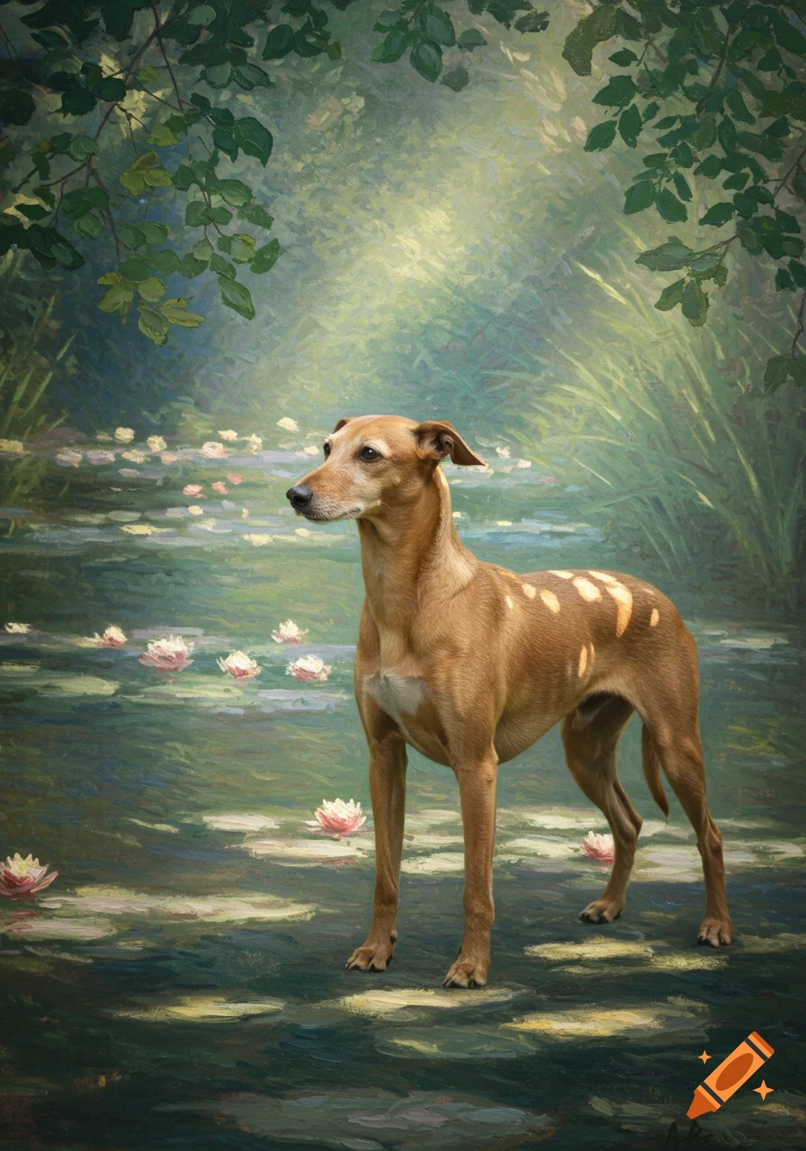 A brindle Galgo (Greyhound) dog with water drops on its face stands in ...