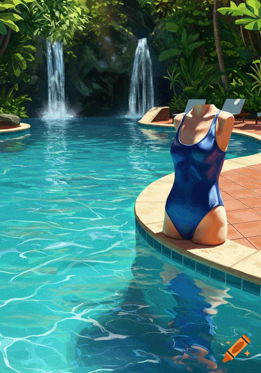 A headless mannequin in a blue swimsuit stands by a turquoise swimming pool with two waterfalls ...