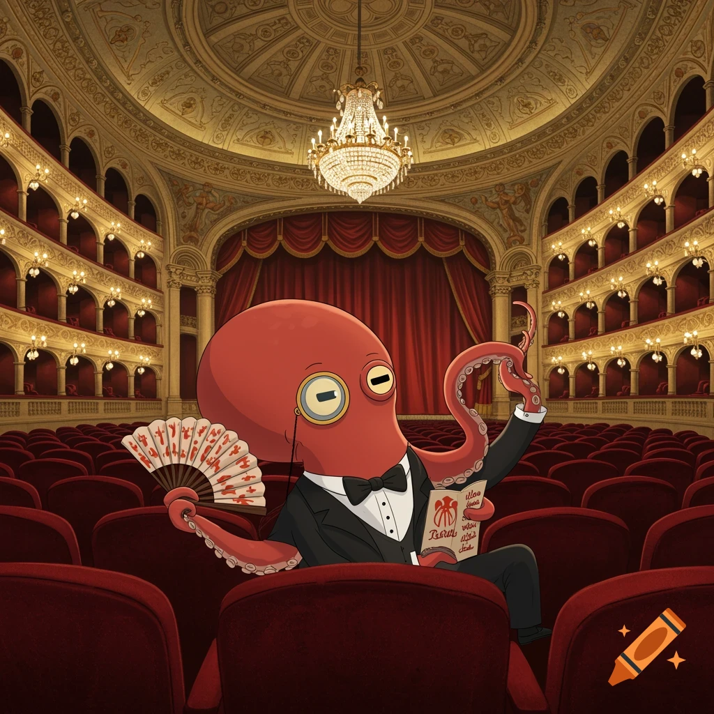 A red cartoon octopus in a tuxedo and monocle sits in an empty opera ...