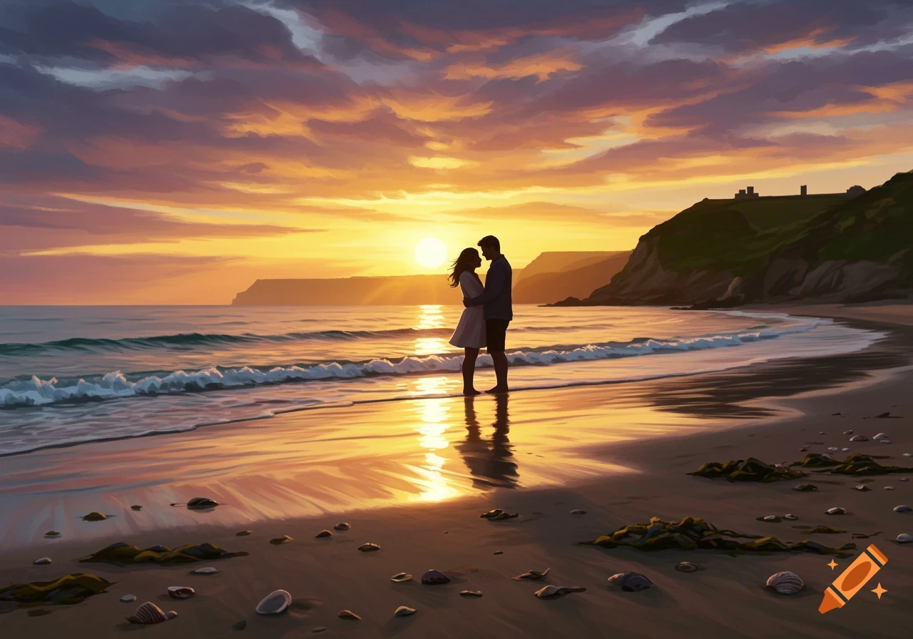 A stylized illustration of a couple embracing on a cliff overlooking a ...