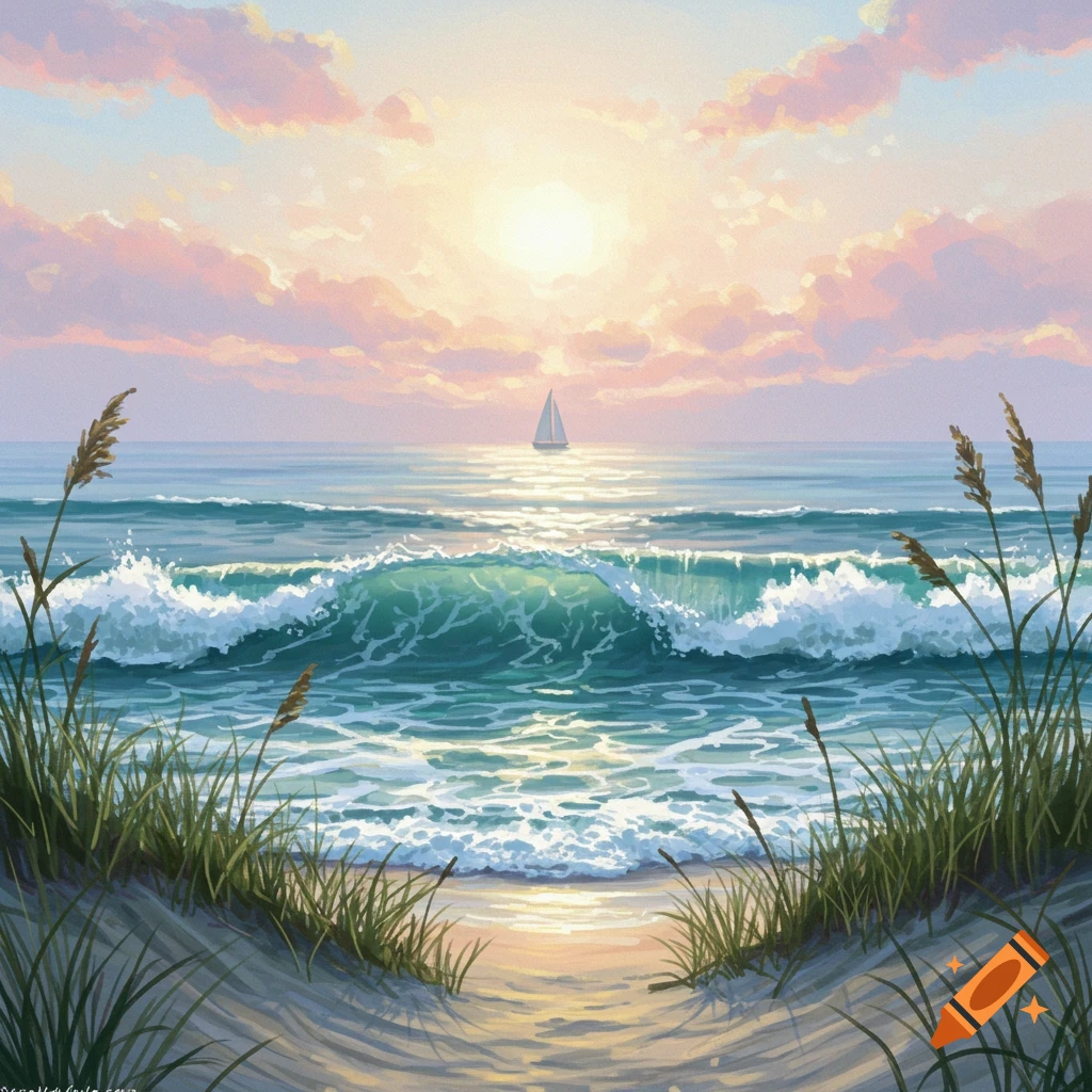 Pointillist painting of a sunny beach scene with blue ocean waves ...