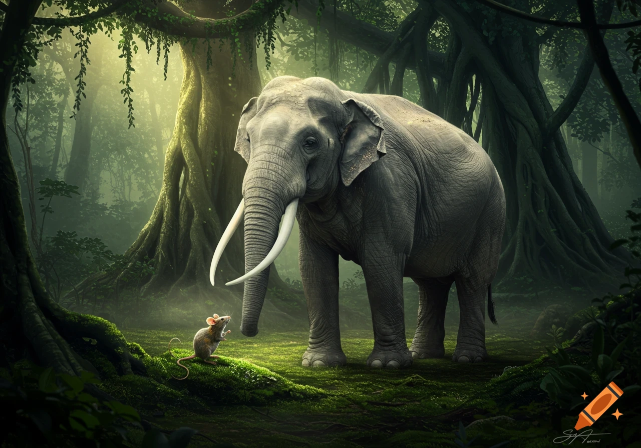 A large elephant looks down at a tiny mouse on a mossy jungle floor ...