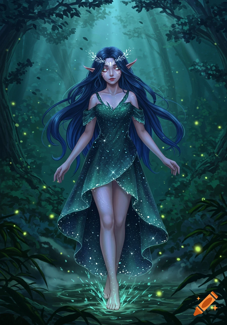 Pixel art of a forest nymph in a leaf dress standing by a river with ...
