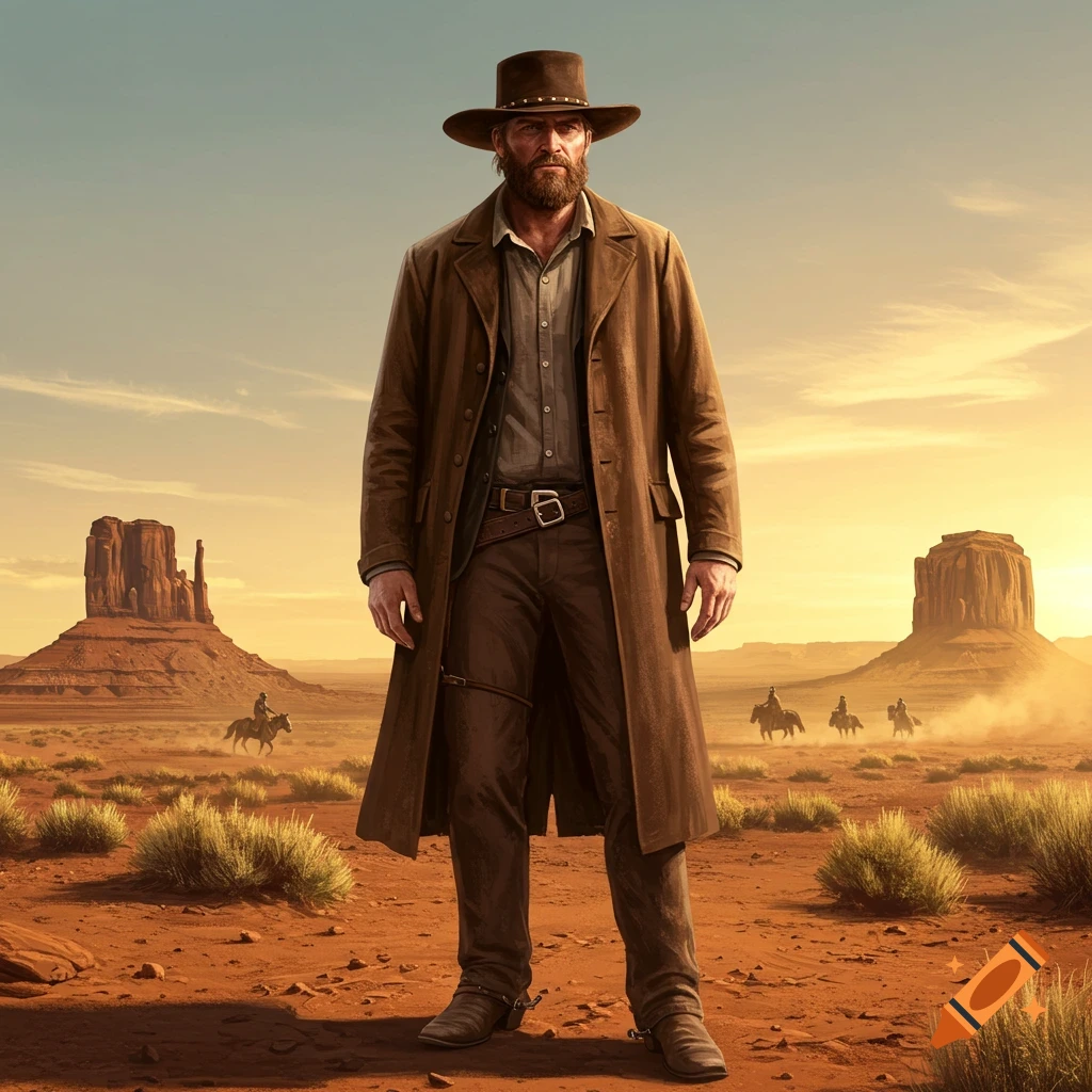 A serious man in a cowboy hat and duster coat stands in a cracked ...