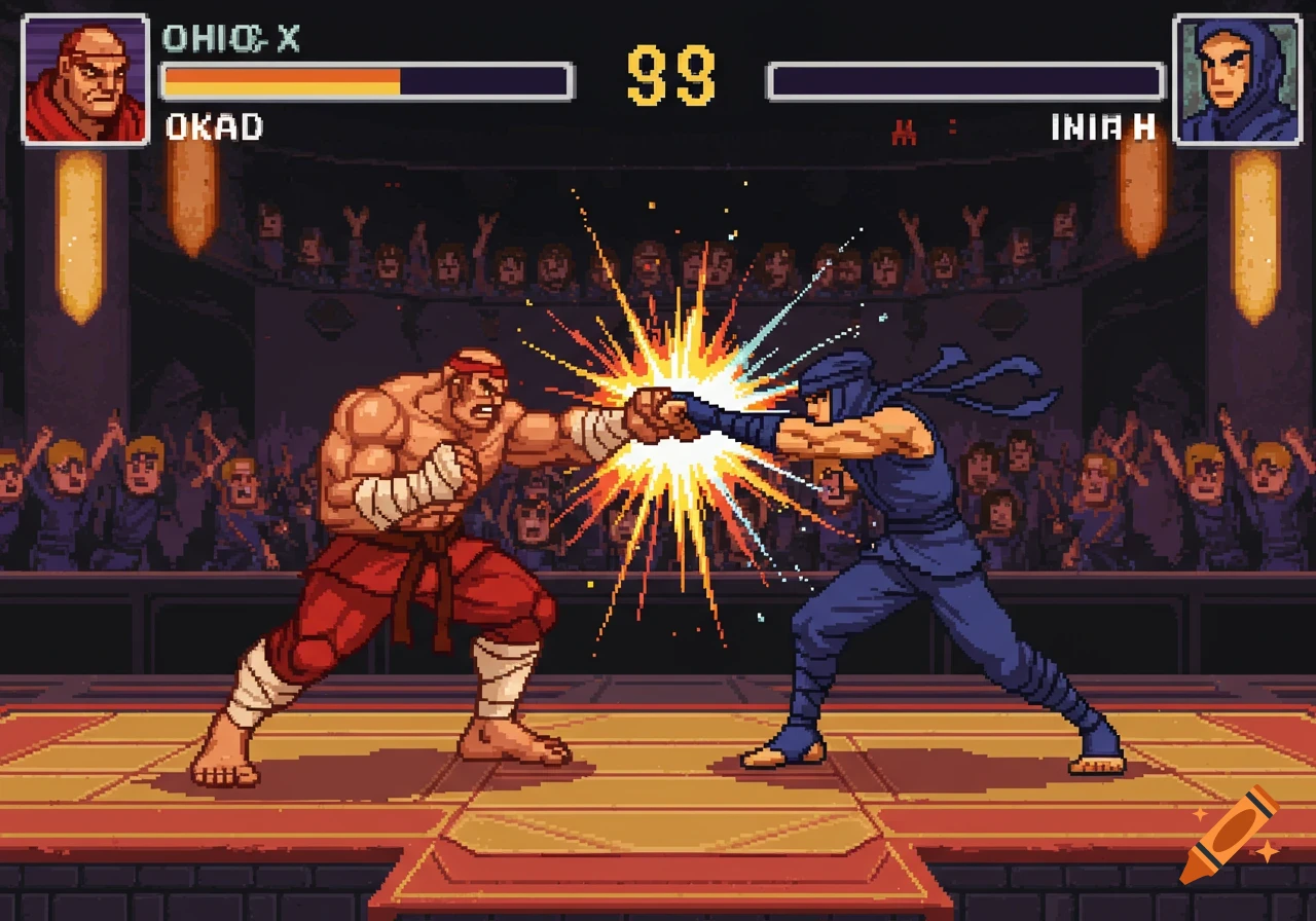 A 16-bit pixel art fighting video game screen showing a muscular man in ...