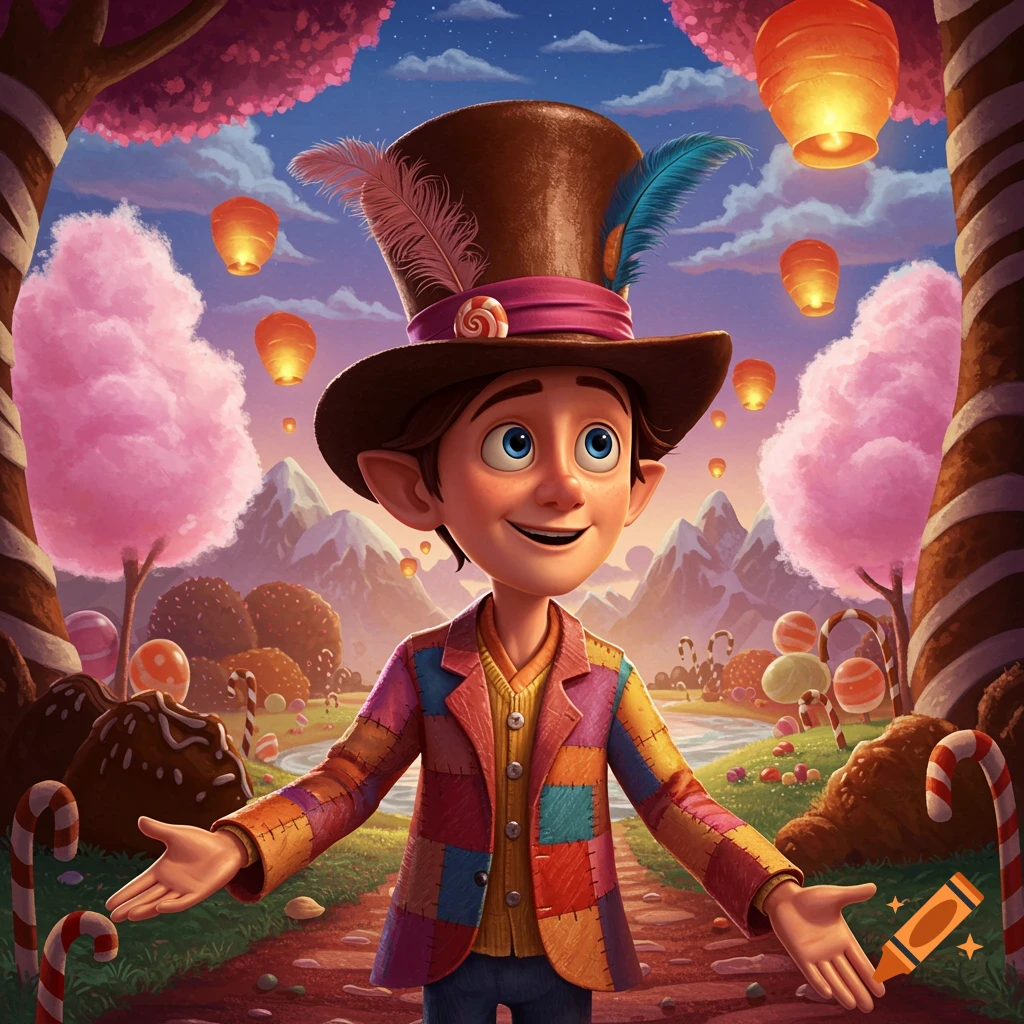 A whimsical boy in a brown top hat and patchwork coat smiles with open ...