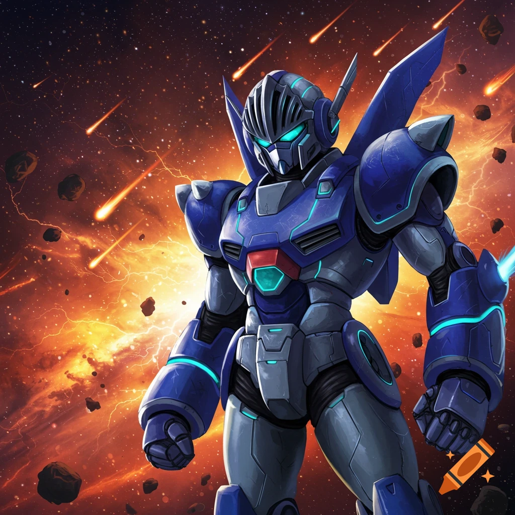 A blue and gray sci-fi robot with glowing eyes and armor stands in ...