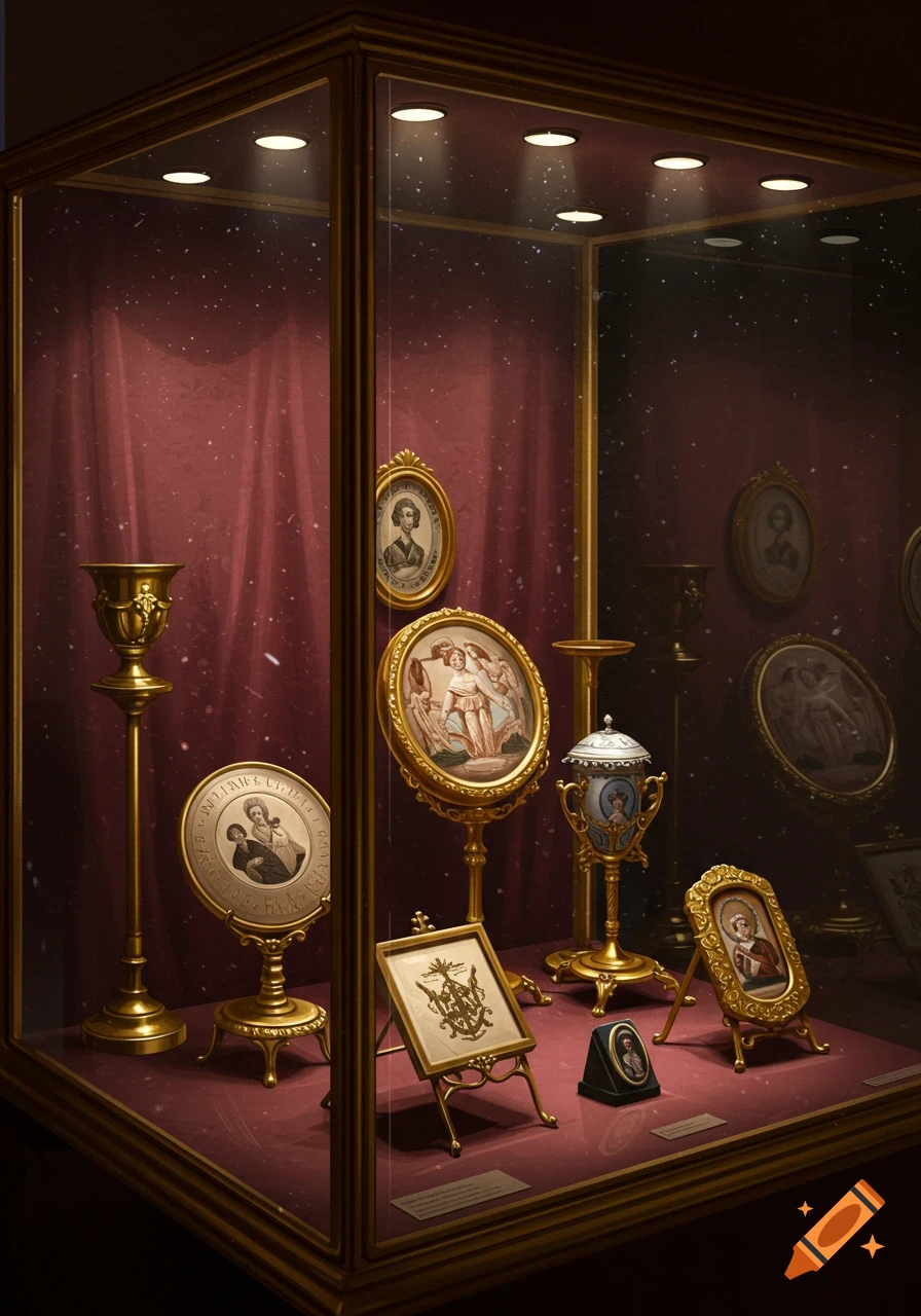An ornate glass display case filled with gold-framed antique portraits ...