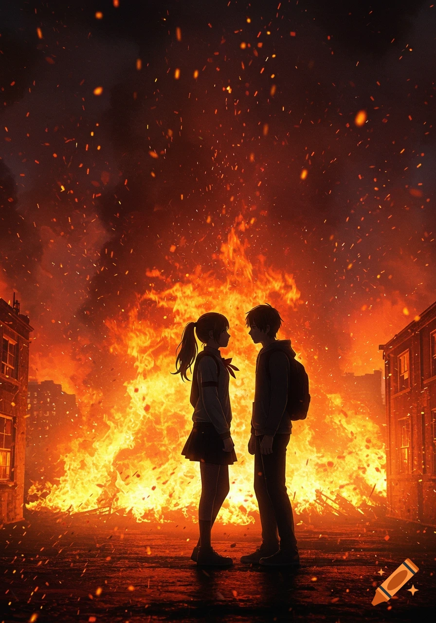 Two anime teenagers stand in front of a massive burning city with ...