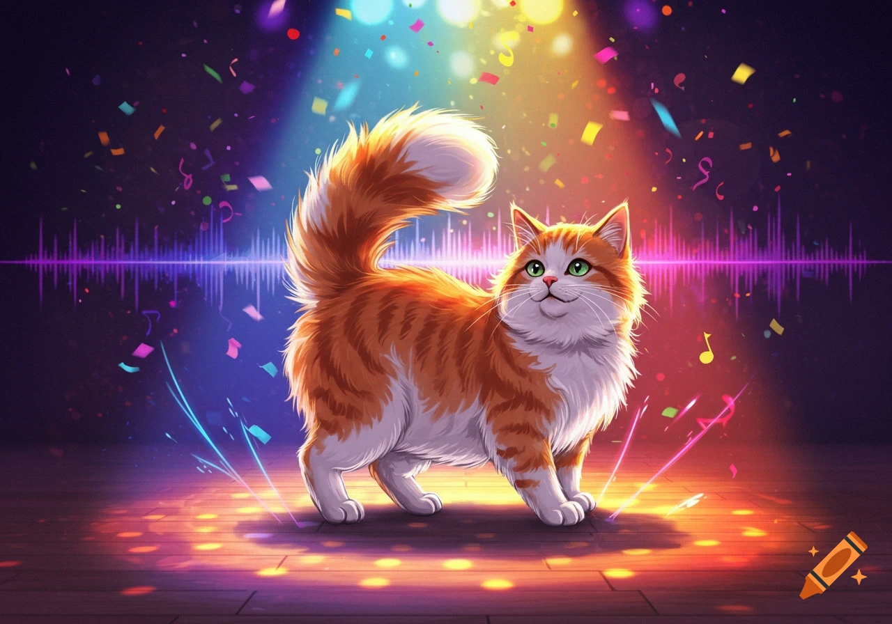 A cartoon tuxedo cat energetically plays a drum kit on a stage with ...