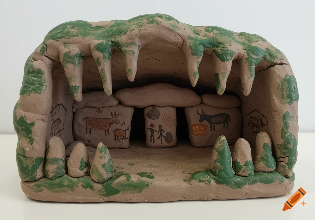A handmade clay model of a Paleolithic cave with painted prehistoric ...