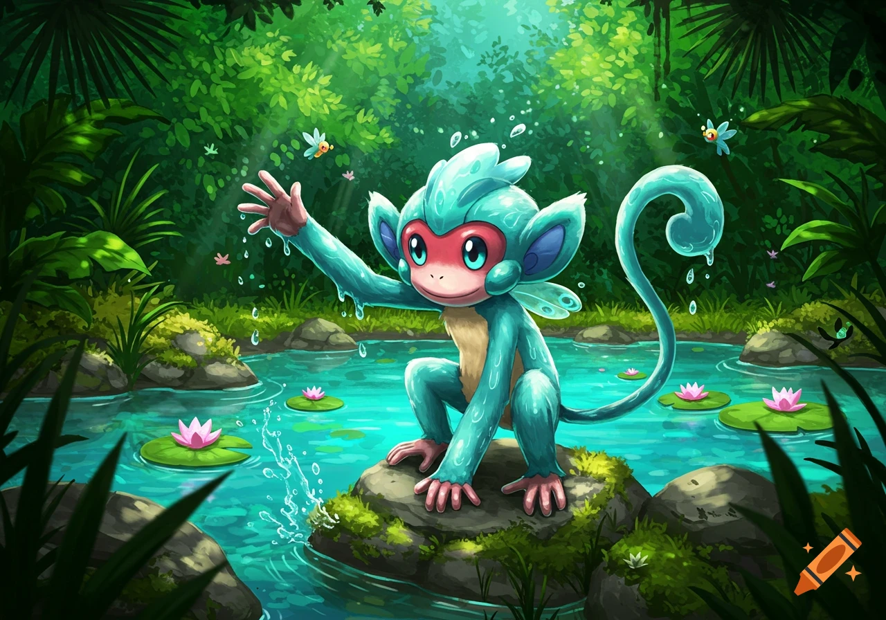 A teal monkey-like Pokémon with red eyes sits on a rock in a jungle ...
