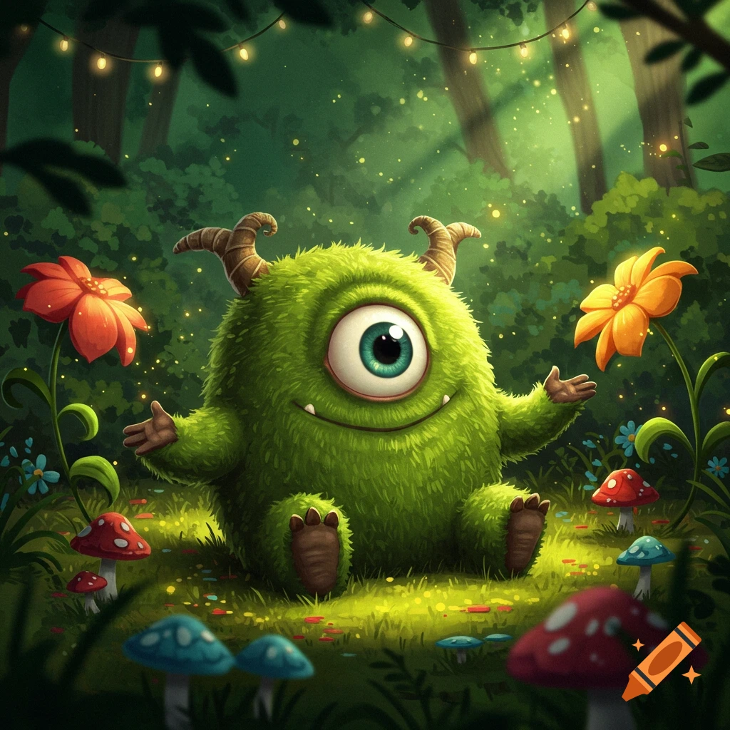 A cute, smiling grass goblin with big green eyes, covered in grass and ...