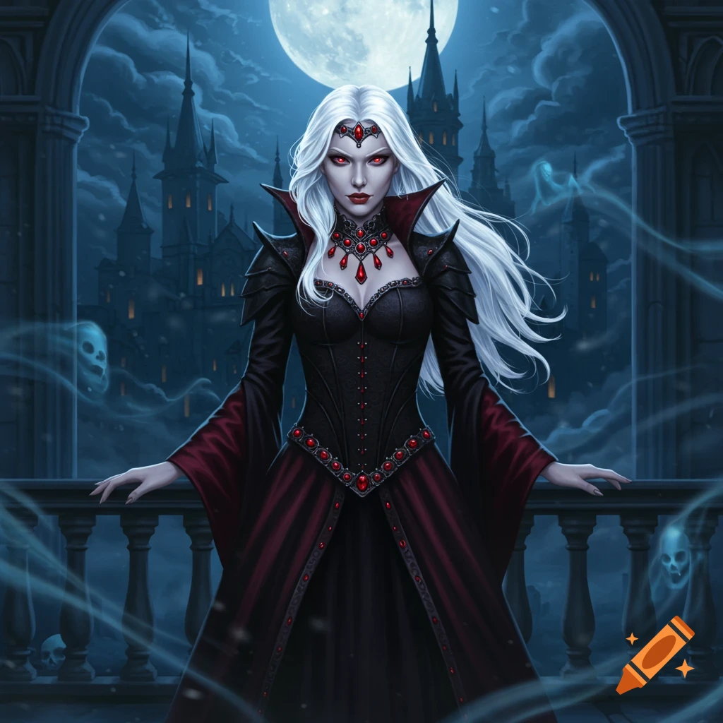 A white-haired vampire princess with red eyes stands on a balcony overlooking a dark castle ...