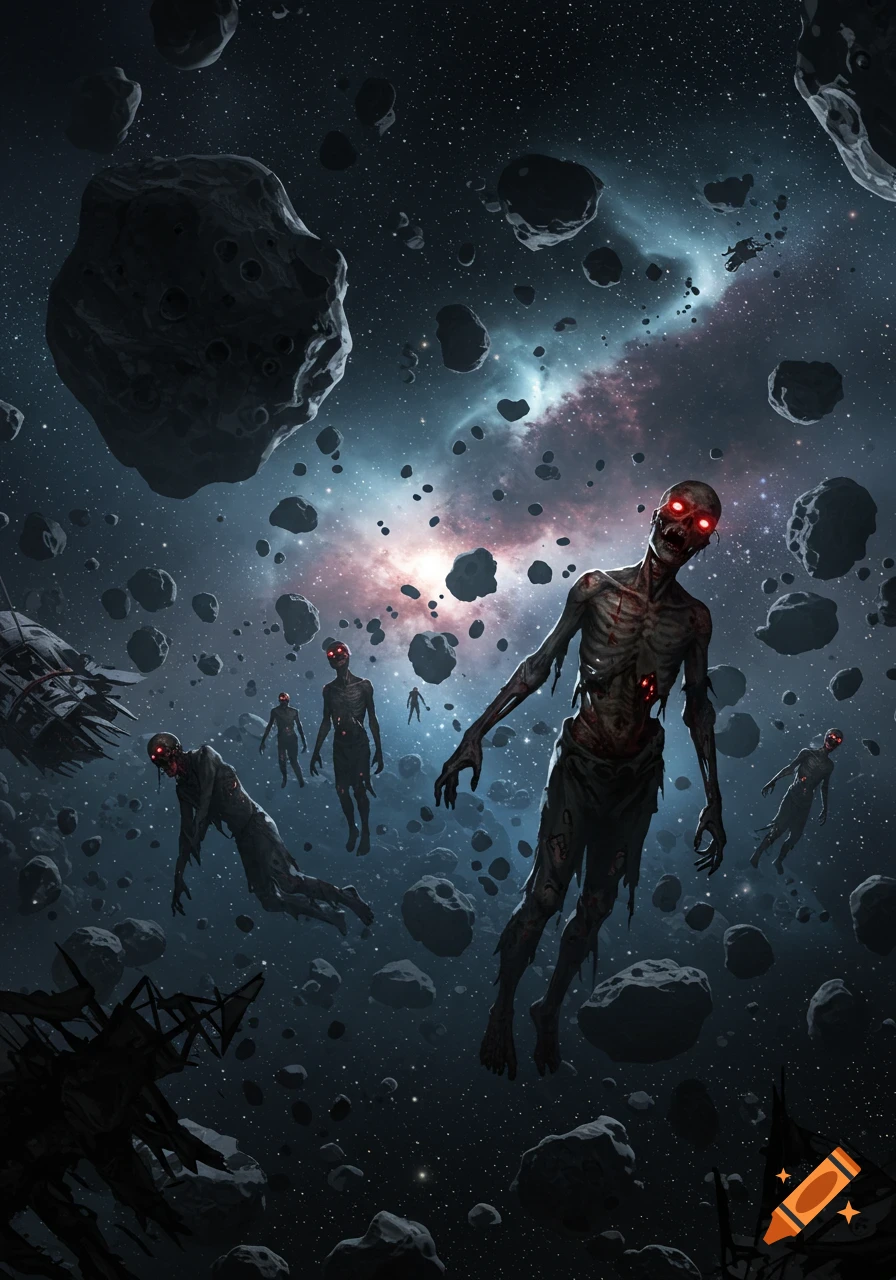 Digital illustration of glowing-eyed zombies floating through a dark ...