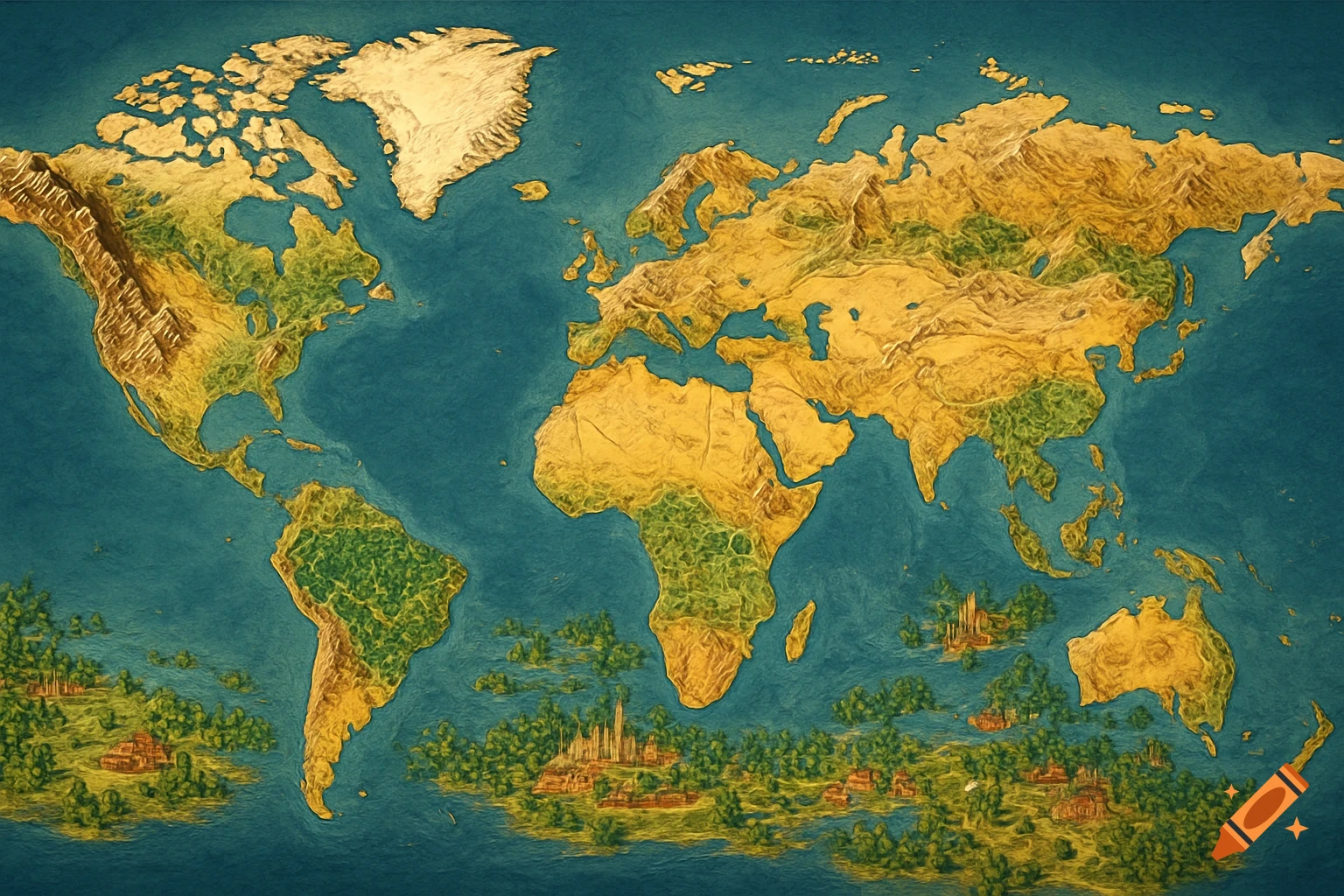 A detailed, textured world map with stylized relief, showing continents, oceans, and small ...