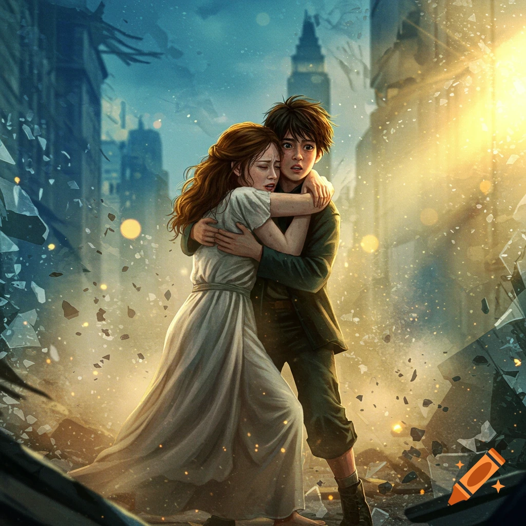 A boy hugs a crying girl amidst debris and destruction in a dramatic ...