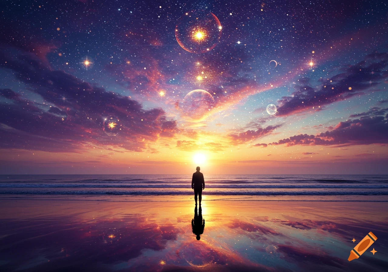 Two shirtless men row a canoe through clouds in the sky during a sunset ...