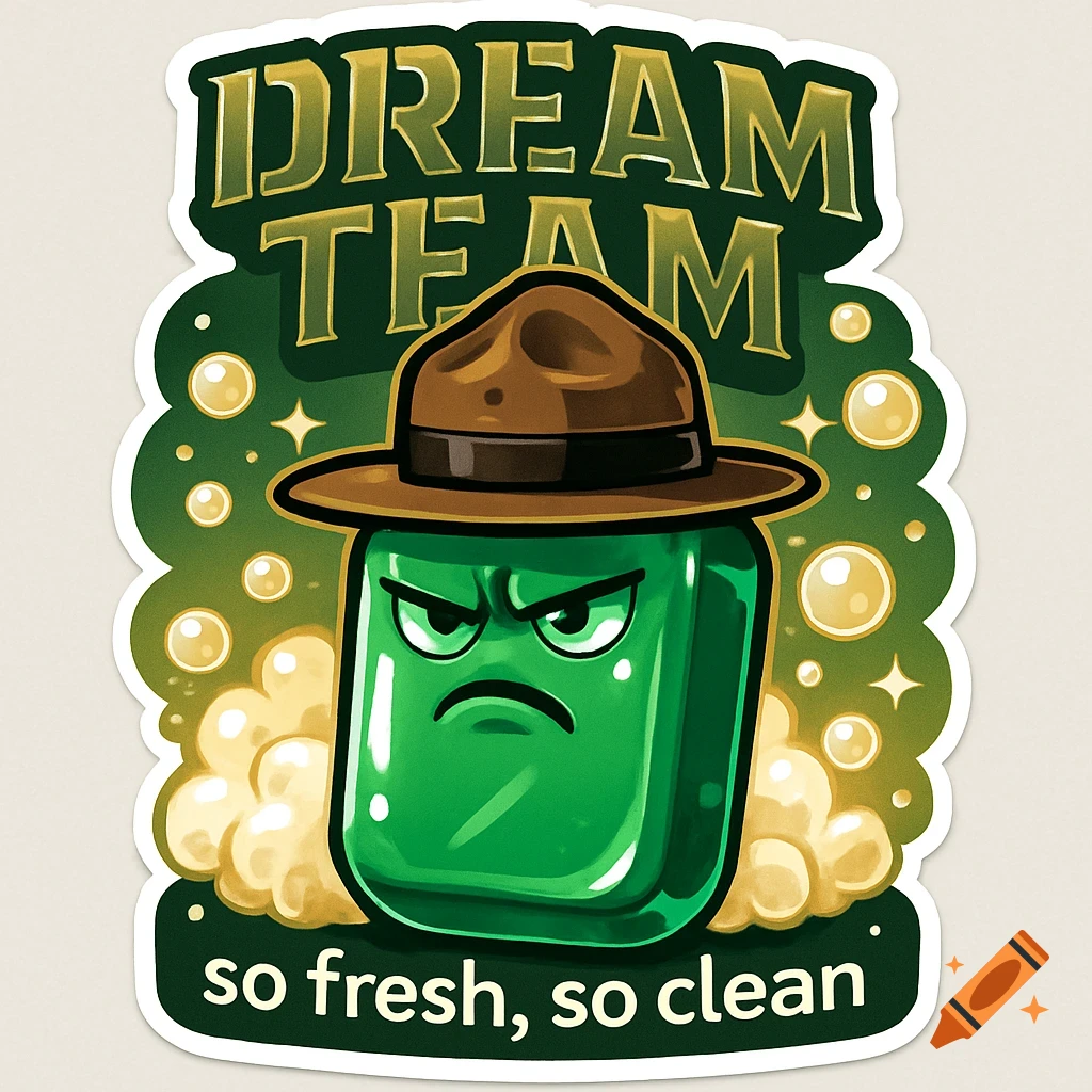 A cartoon sticker of a grumpy green bar of soap wearing a brown drill ...