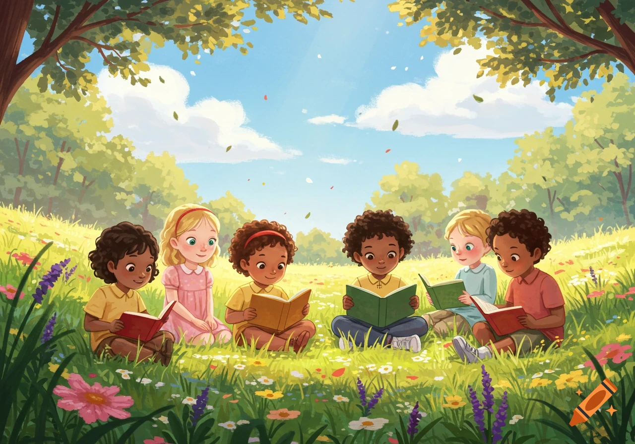 Multiracial children read books together in a sunny, flower-filled grassy field under trees, in ...