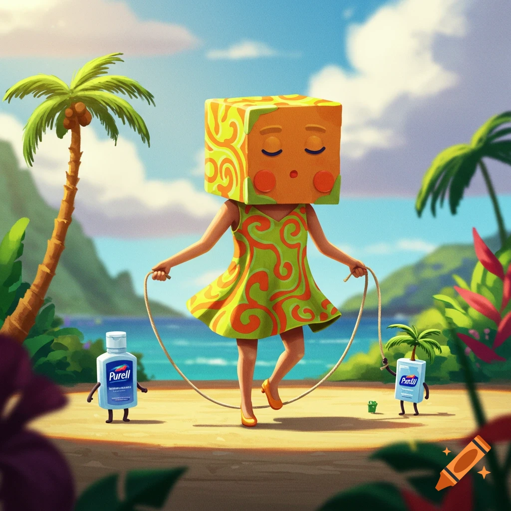 Vibrant cartoon street in Singapore with a 'No Chewing Gum' sign, palm ...