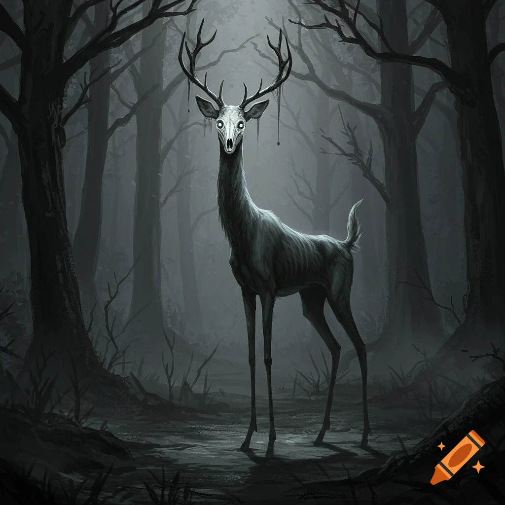 A menacing, muscular, antlered grey beast with glowing blue eyes stands in a dark, misty forest ...