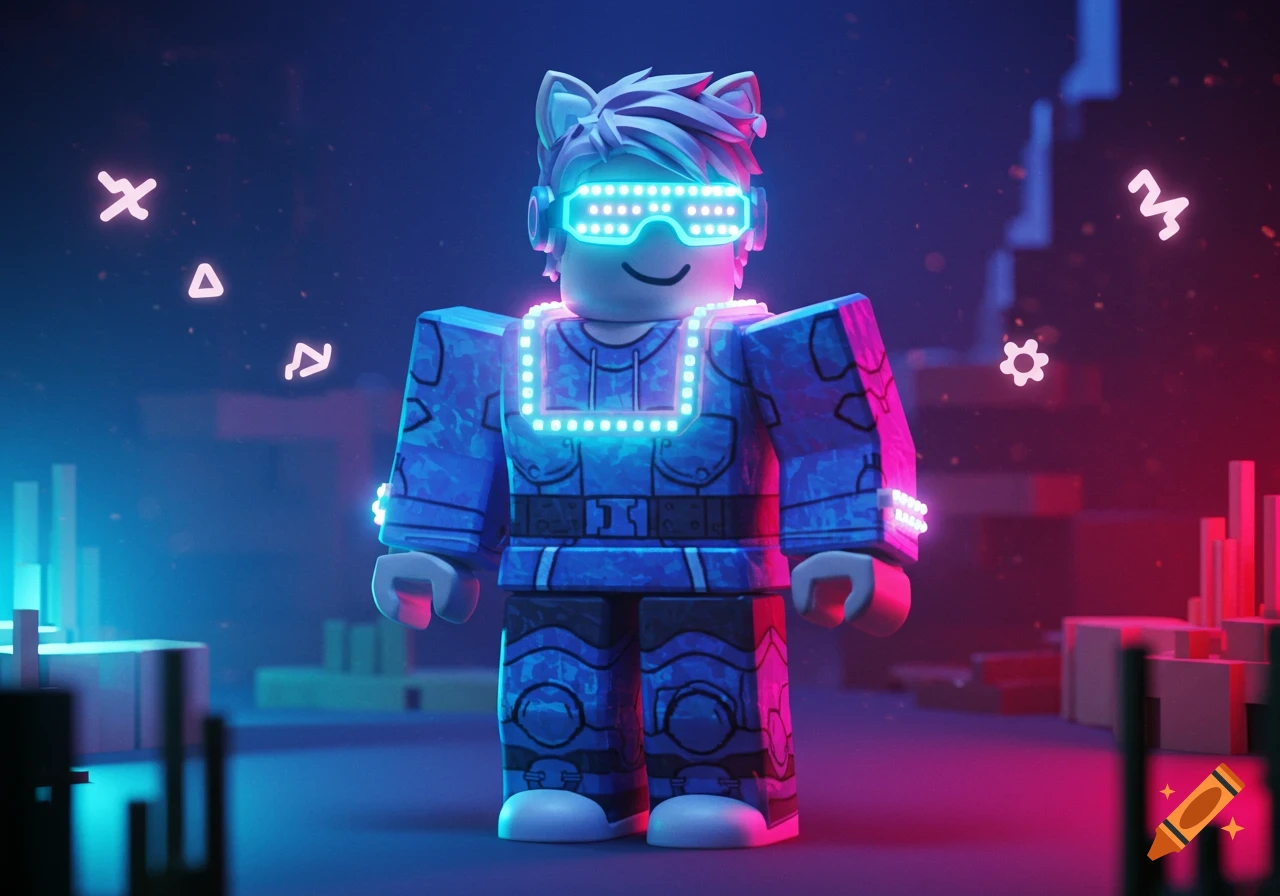 A Roblox character in a blue suit with glowing neon glasses and armor ...