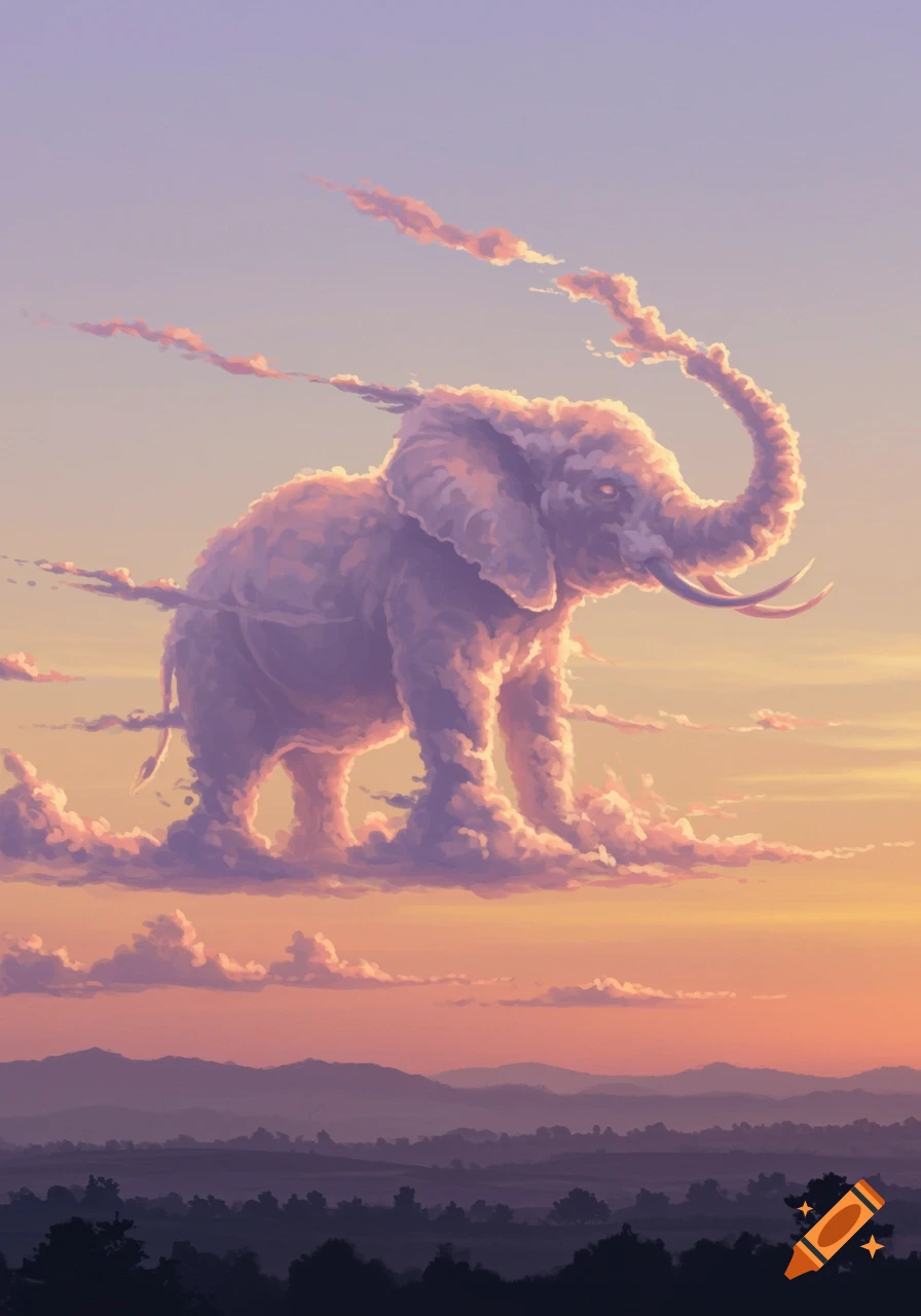 A majestic elephant-shaped cloud stands in a soft, pastel sunset sky ...