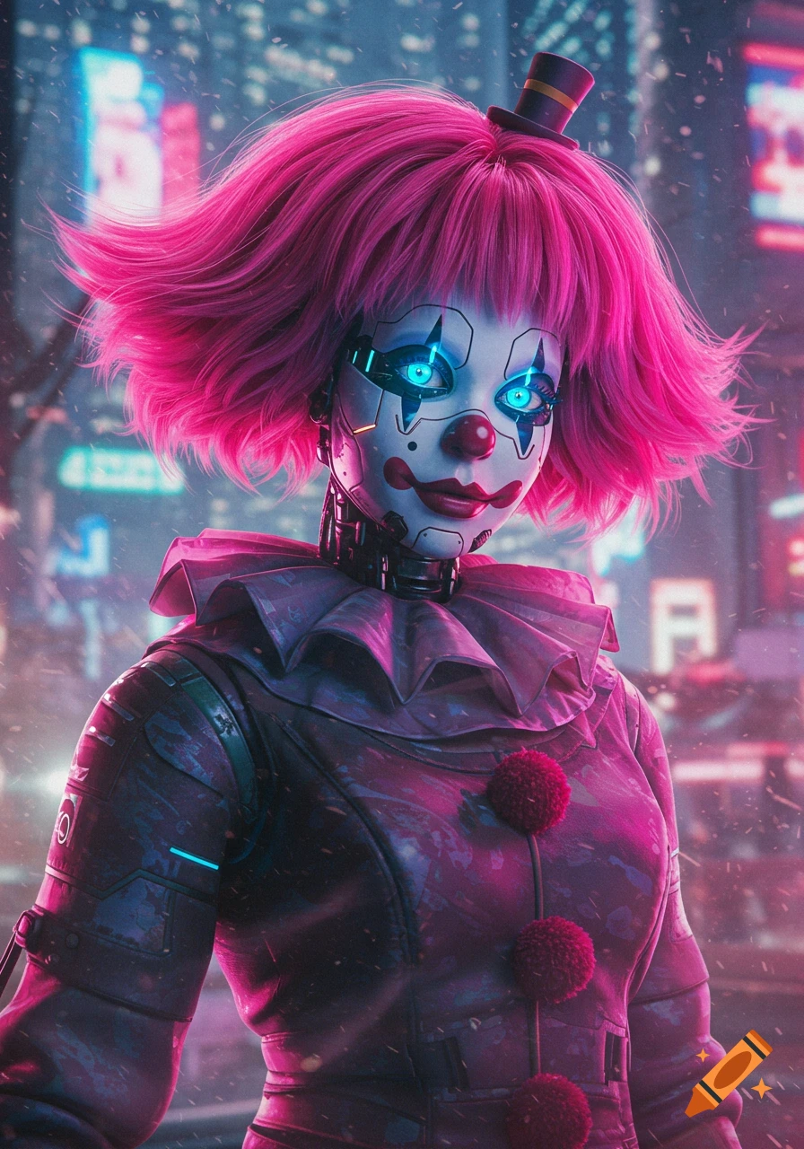Close-up of a cyberpunk robot with a clown face, bright pink hair, and ...