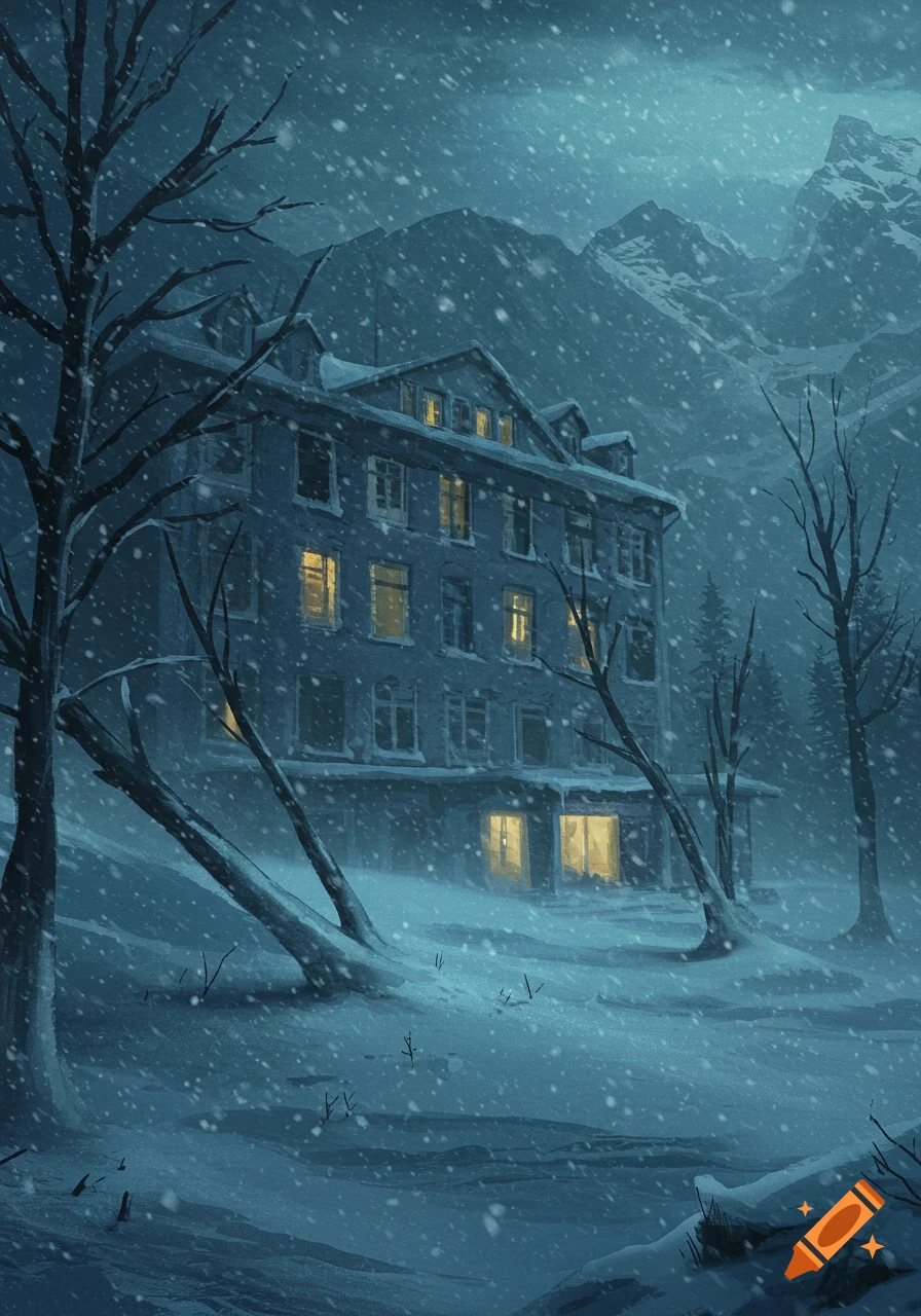 An isolated, snow-covered building with illuminated windows stands ...