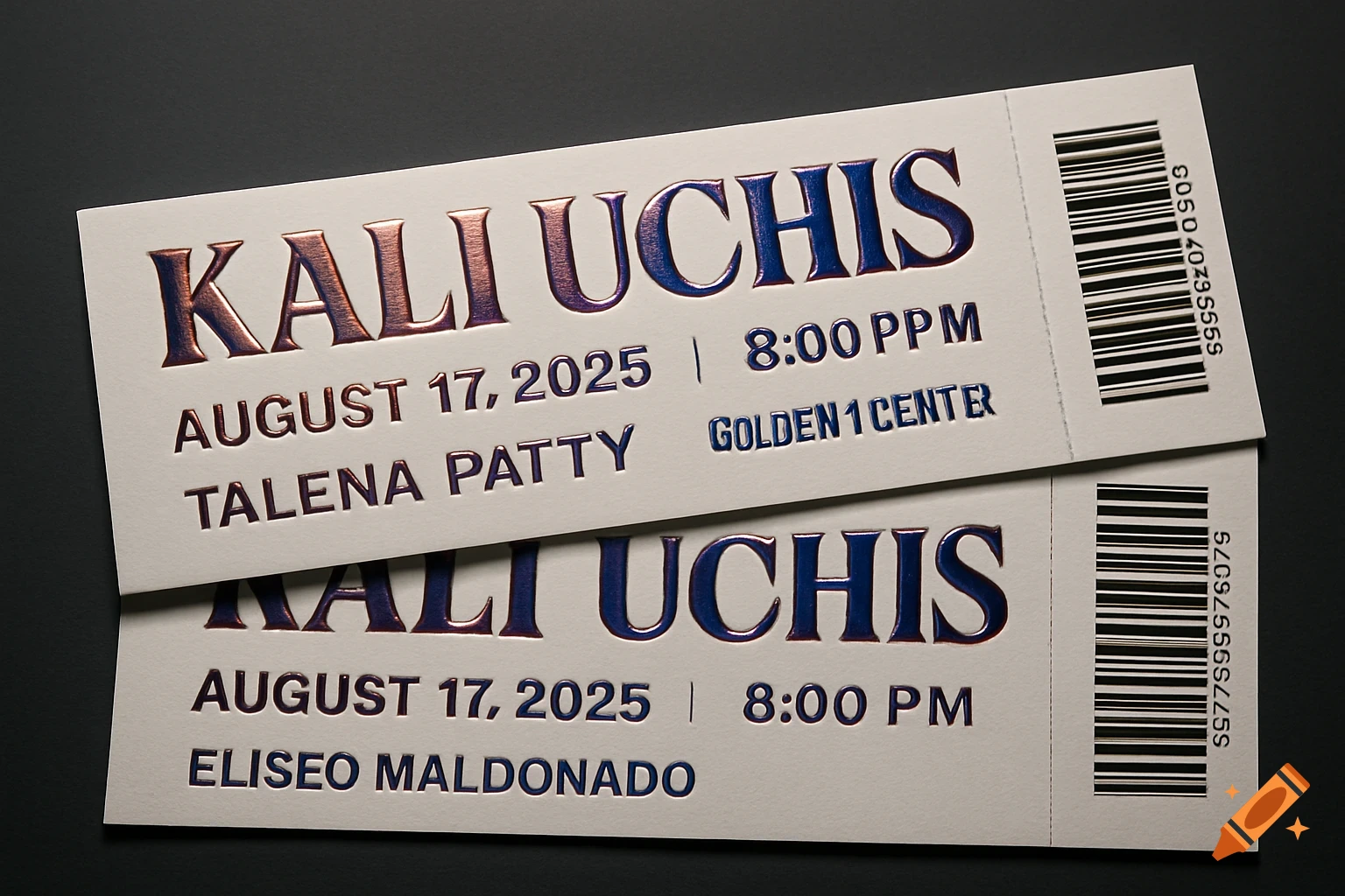 Two embossed concert tickets for Kali Uchis on a dark background. The ...