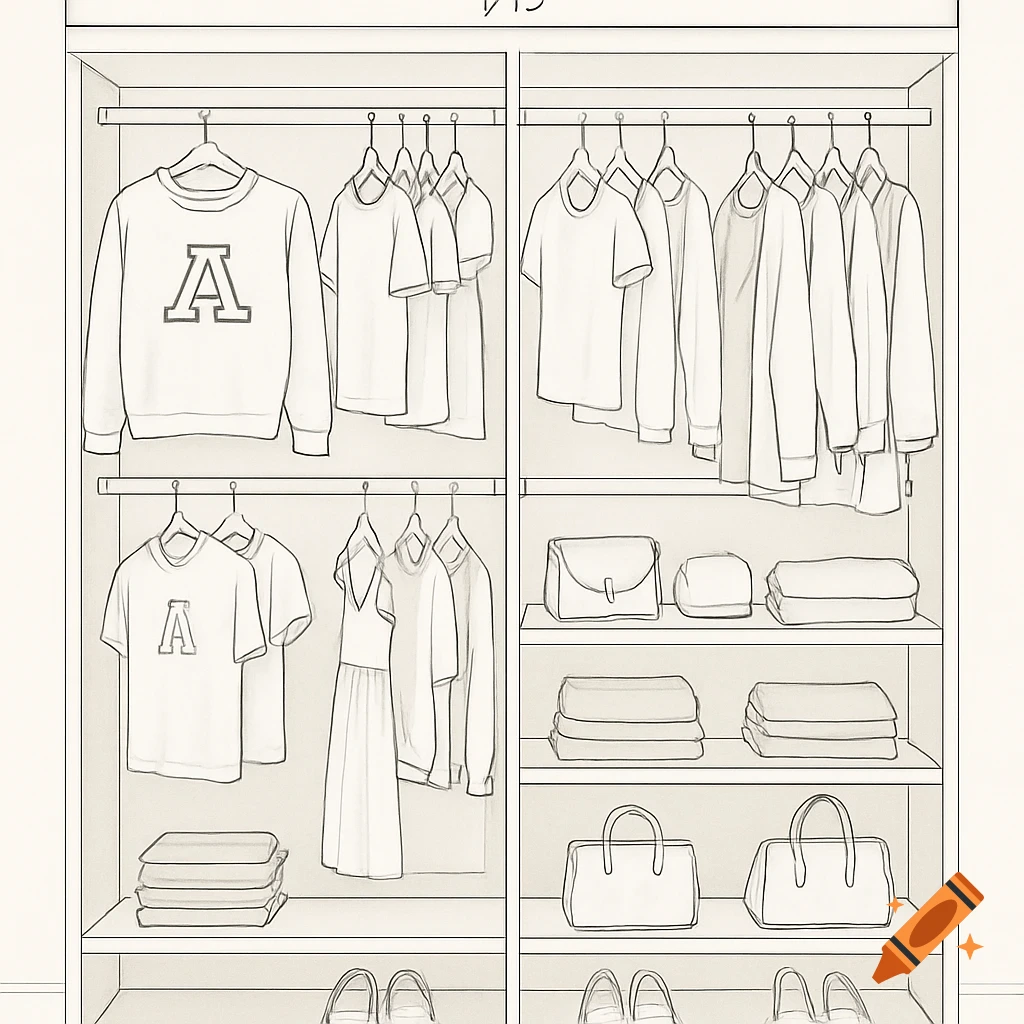 A detailed line drawing of a well-organized closet filled with hanging ...