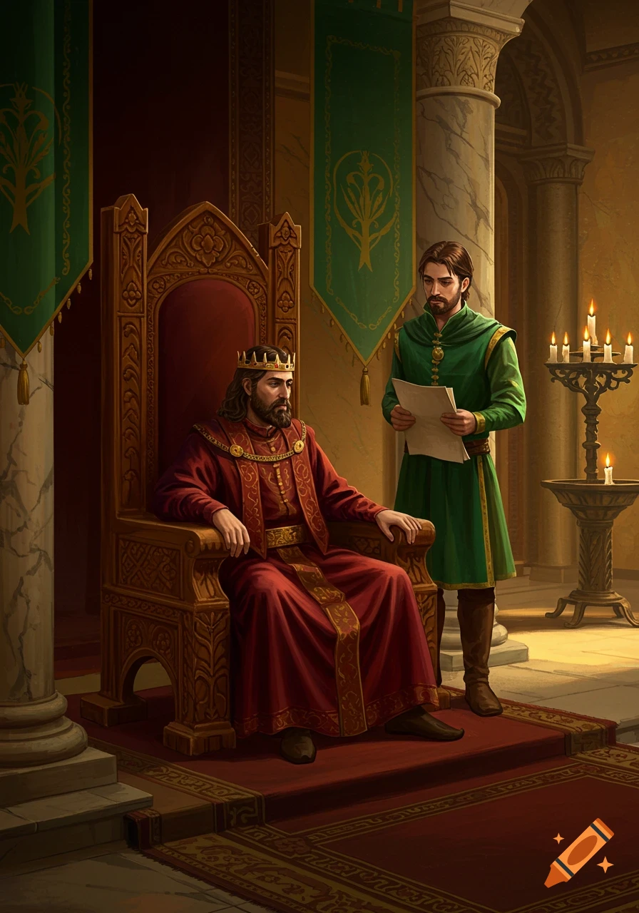 A king in an ornate red and gold robe sits on a dark throne, holding a ...