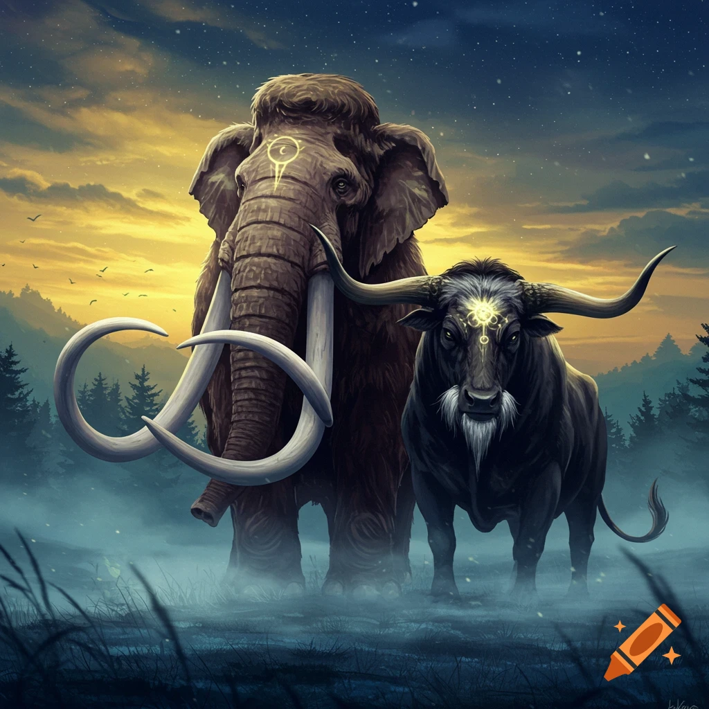 A majestic woolly mammoth with glowing symbols on its forehead stands ...