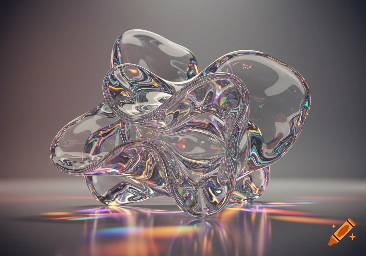 An abstract, wavy glass sculpture with iridescent reflections casts ...