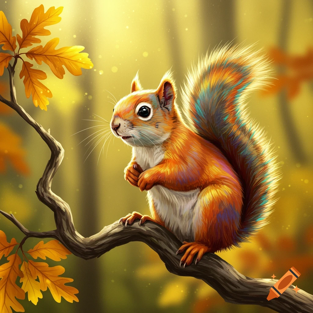 Photorealistic squirrel in an autumn forest with glowing dust ...