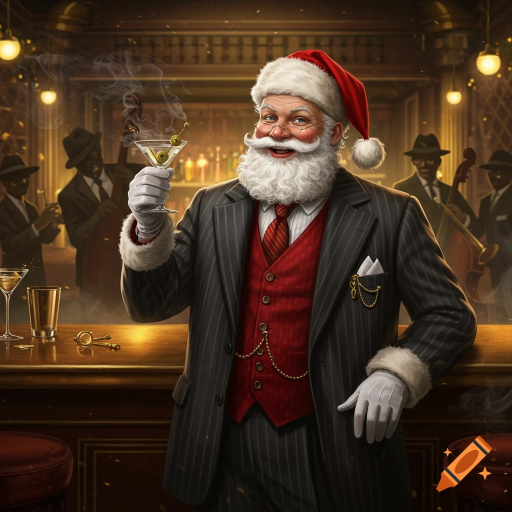 Santa Claus in a pinstripe suit and red vest, holding a martini in a ...