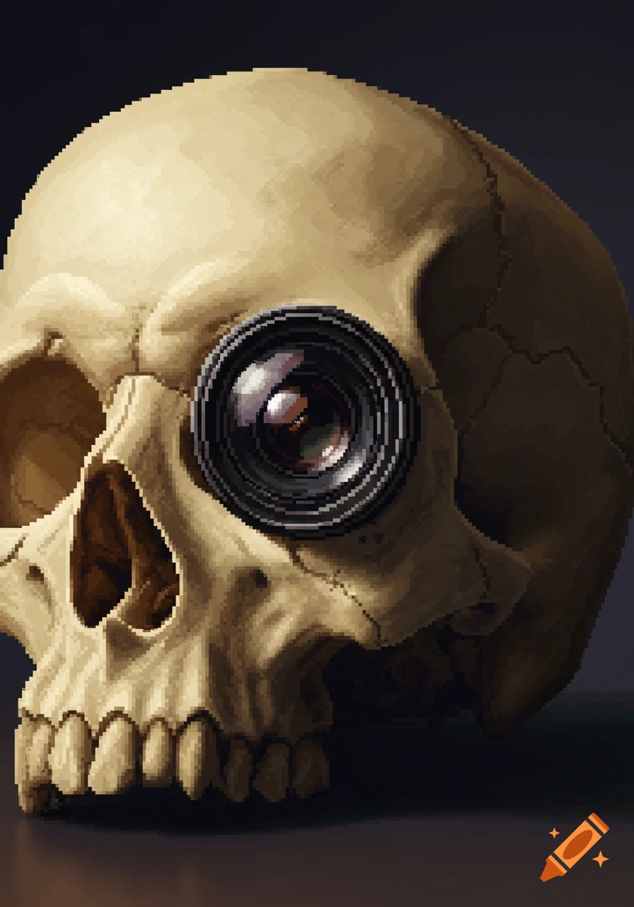 Pixel art of a human skull with a camera lens replacing one eye ...