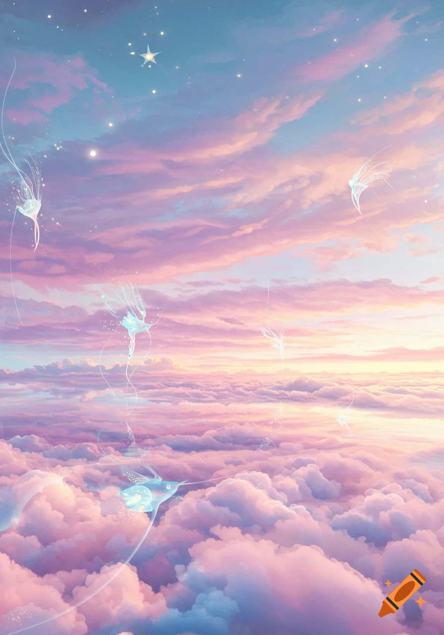 Ethereal creatures float among pink and blue clouds in a dreamy sky at ...