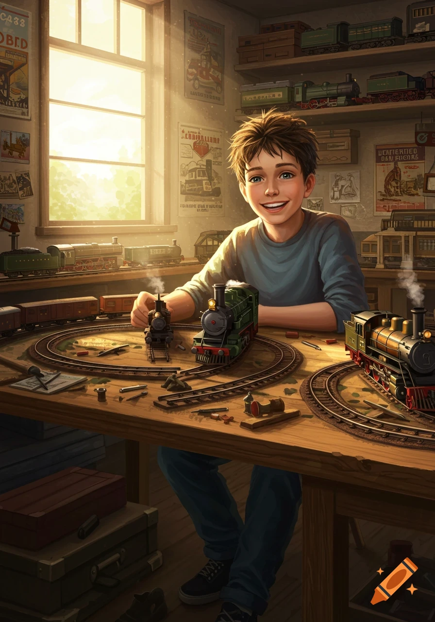 A smiling boy plays with model trains on a table in a sunlit room ...